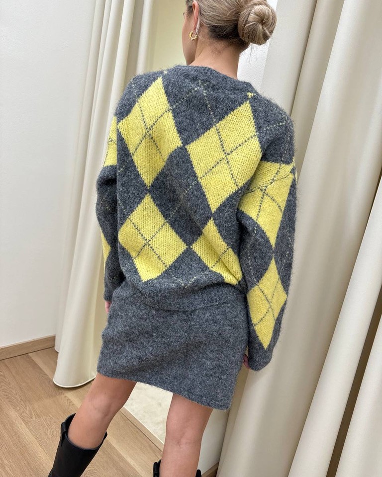 Completo cardigan rombi e gonna grigio e lime Vicolo - Scintille Store